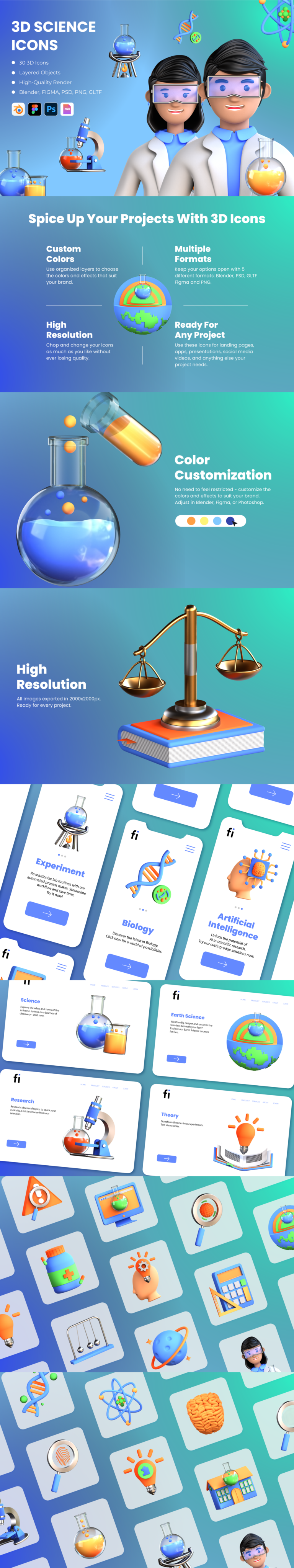 3D Science Icon Set - Flat Icons