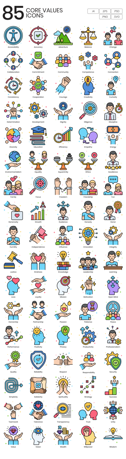 85 Core Values Icon Set - Flat Icons