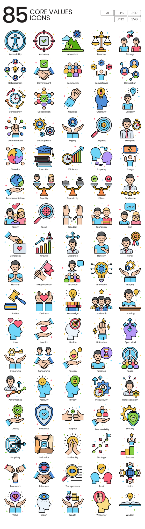 85 Core Values Icon Set - Flat Icons