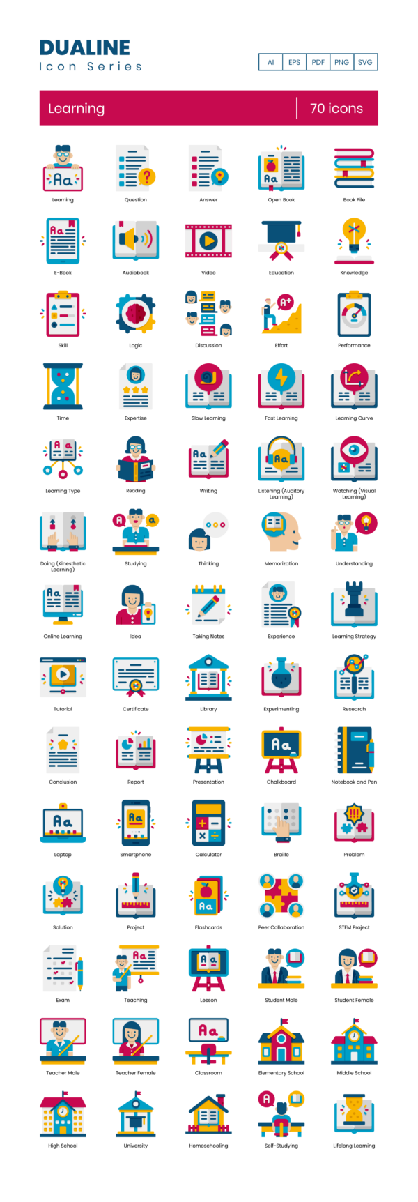70 Learning Icon Set - Flat Icons
