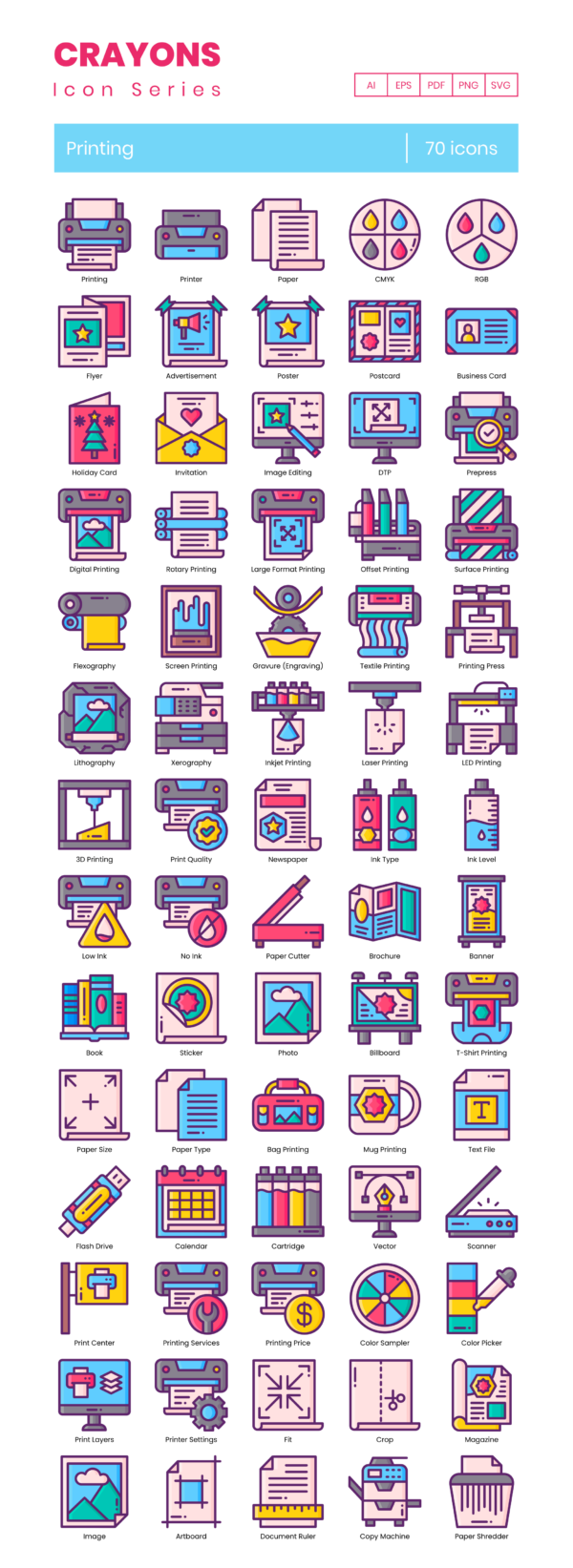 70 Printing Icon Set - Flat Icons