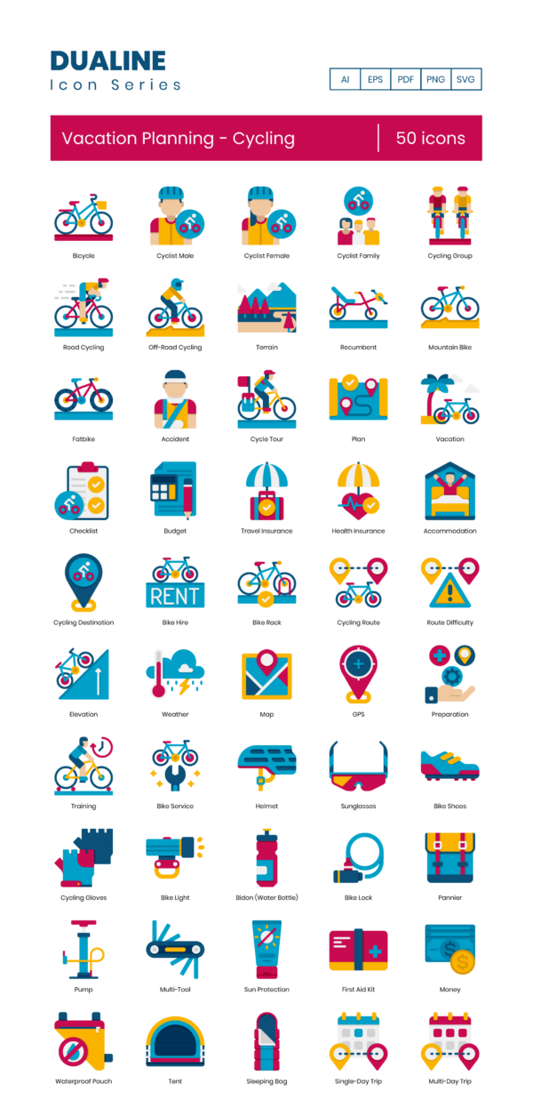 50 Vacation Planning - Cycling Tour Icon Set - Flat Icons
