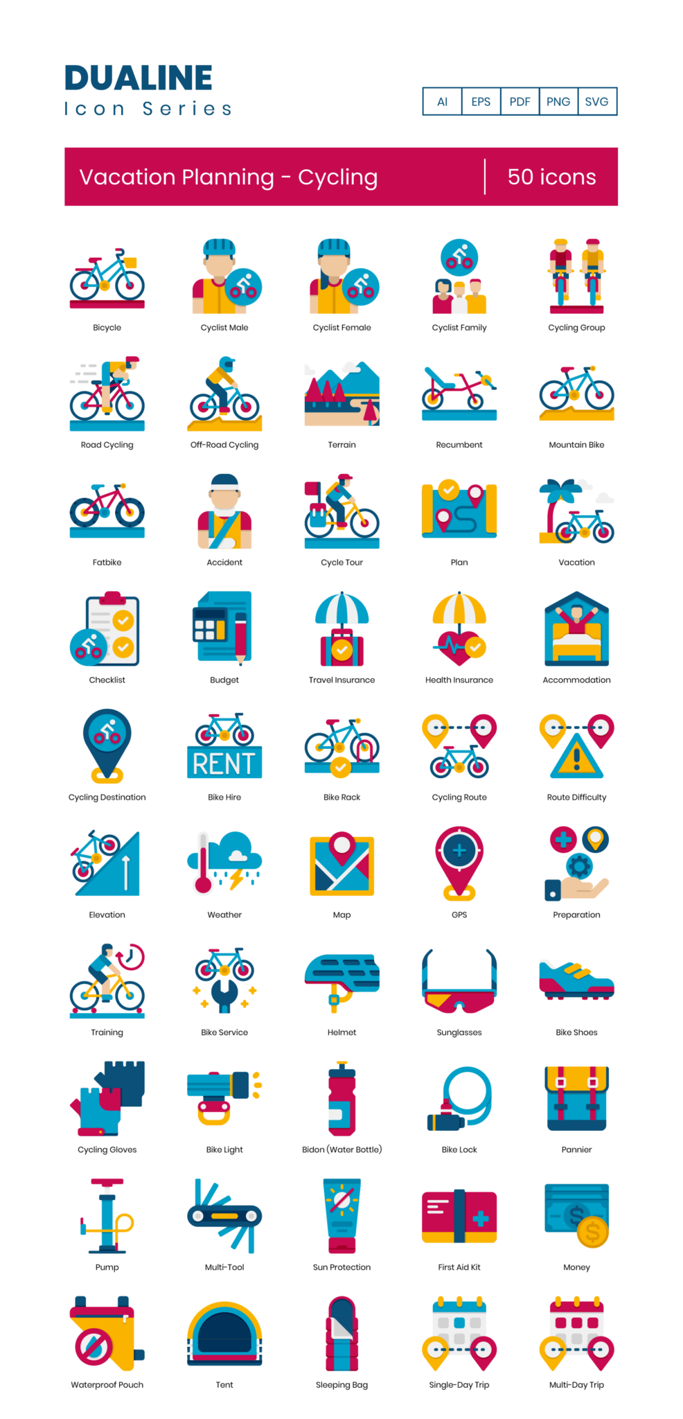 50 Vacation Planning - Cycling Tour Icon Set - Flat Icons