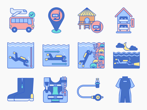 50 Vacation Planning - Diving Tour Icon Set - Flat Icons