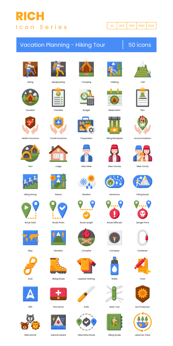 50 Vacation Planning - Hiking Tour Icon Set - Flat Icons