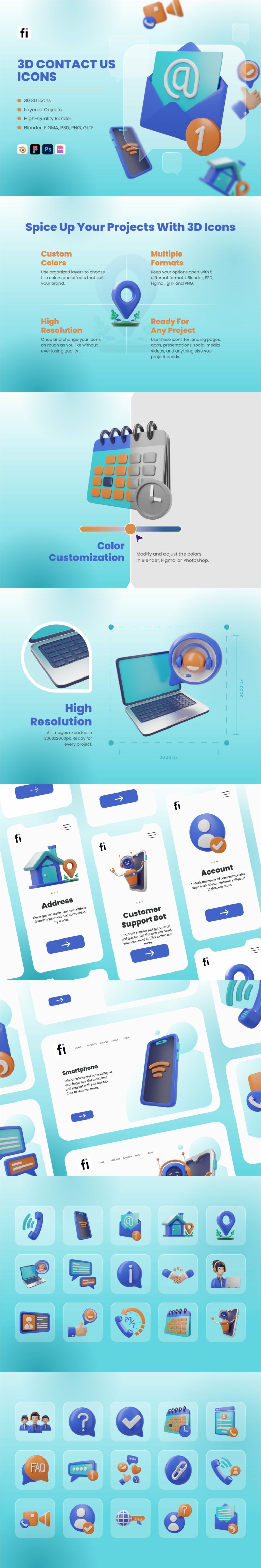 3D Contact Us Icon Set - Flat Icons