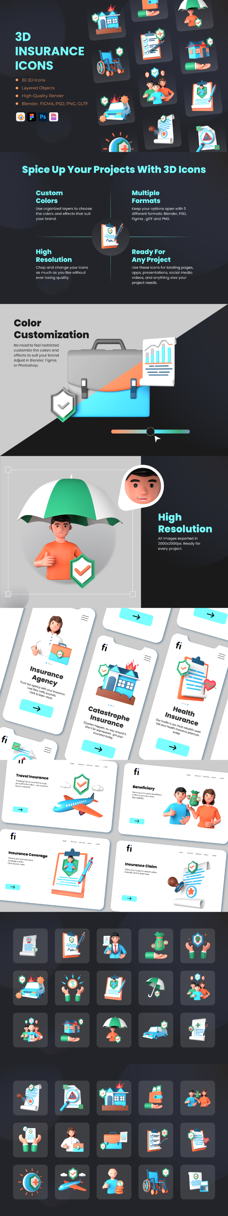3D Insurance Icon Set - Flat Icons