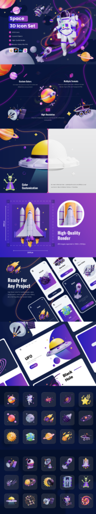 3D Space Icon Set - Flat Icons