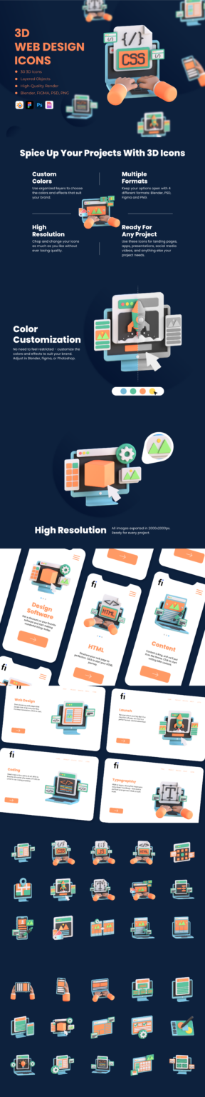 3d Web Design Icon Set Flat Icons