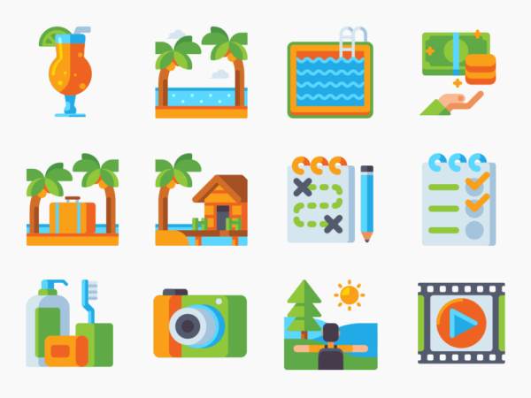 50 Vacation Planning - Resort Icon Set - Flat Icons