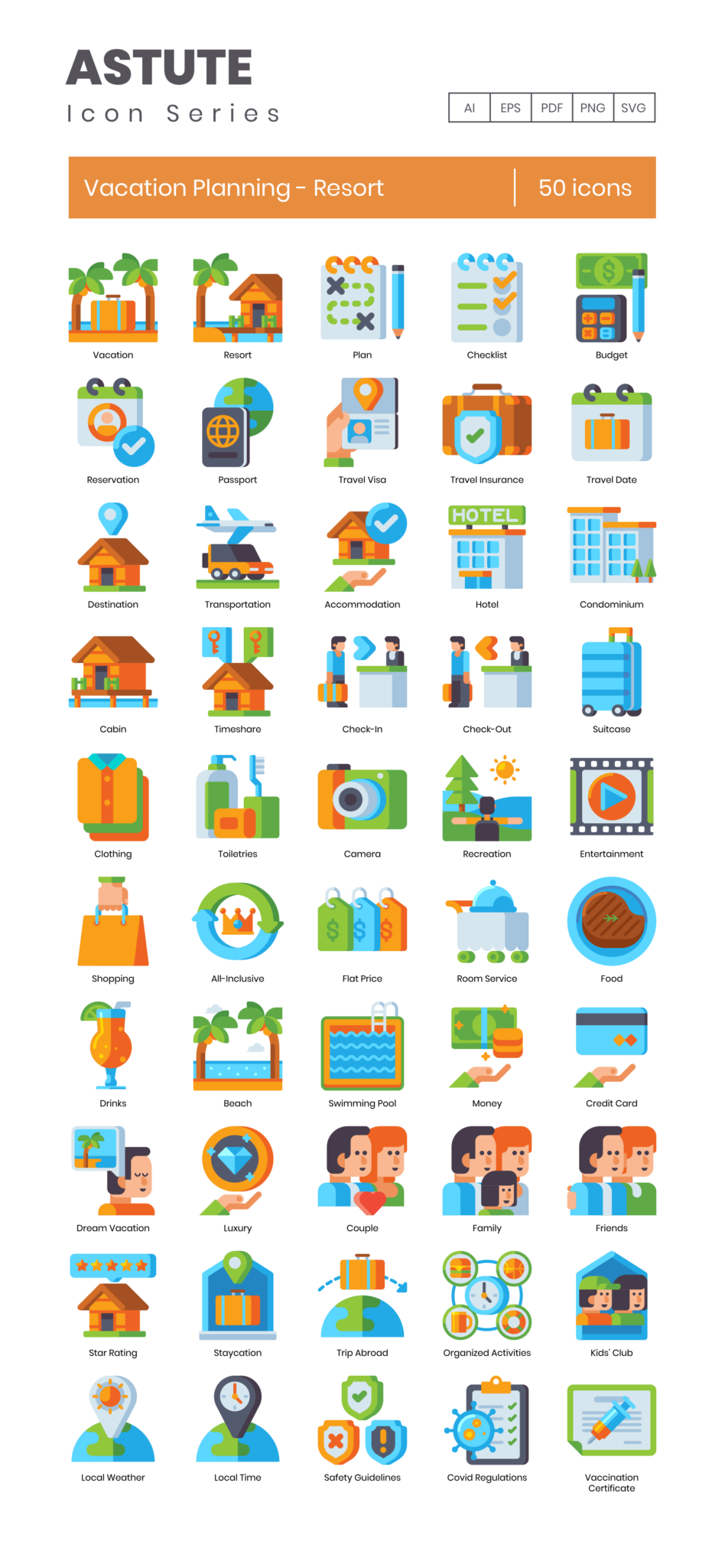 50 Vacation Planning - Resort Icon Set - Flat Icons