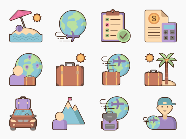 50 Vacation Planning - Solo Trip Icon Set - Flat Icons