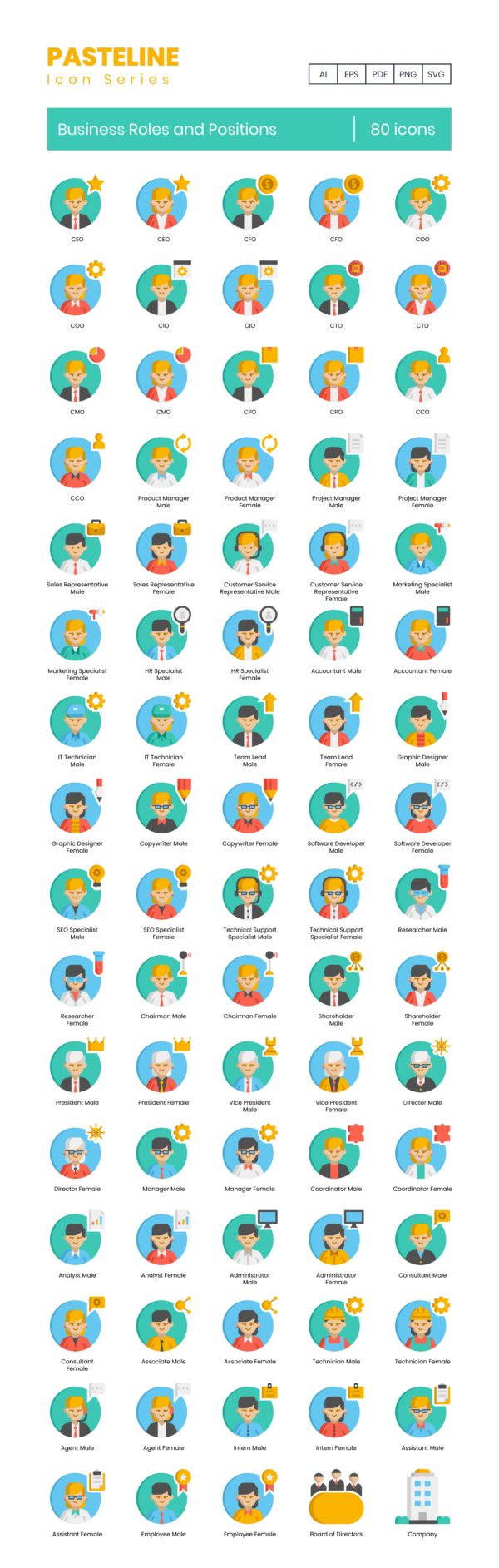 80 Business Roles and Positions Icon Set - Flat Icons