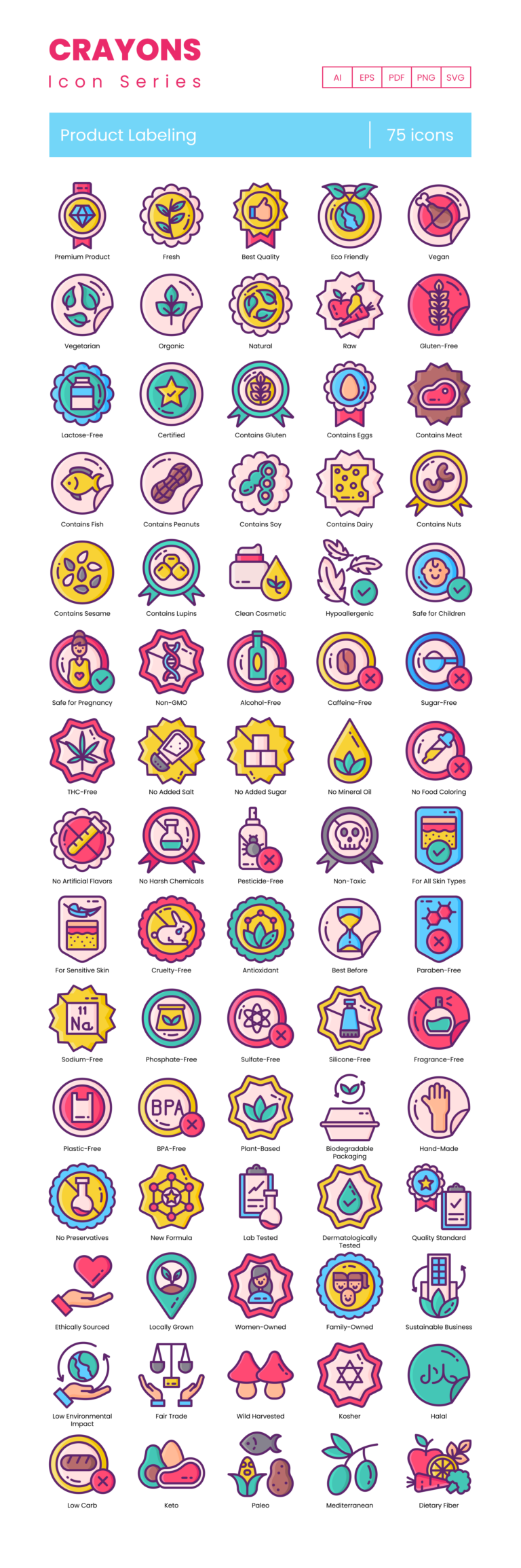 75 Product Labeling Icon Set - Flat Icons