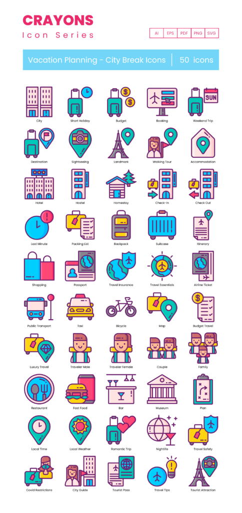 50 Vacation Planning - City Break Icon Set - Flat Icons