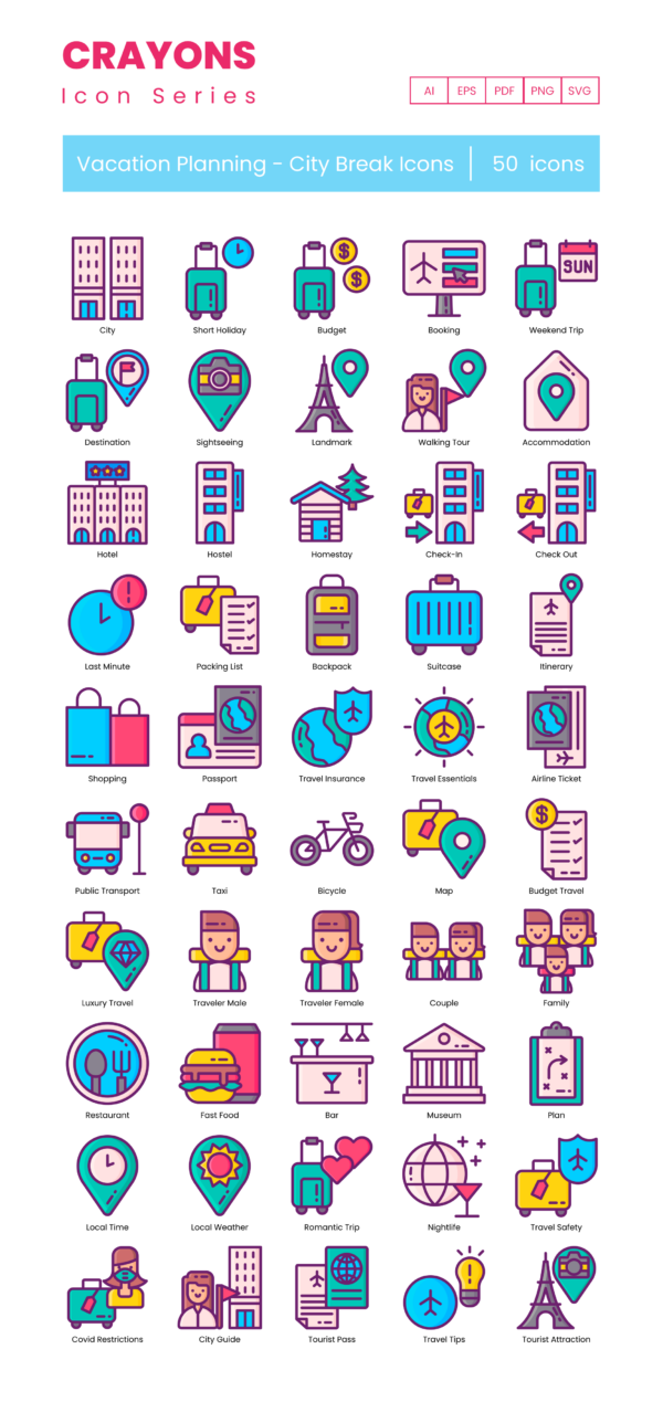 50 Vacation Planning - City Break Icon Set - Flat Icons