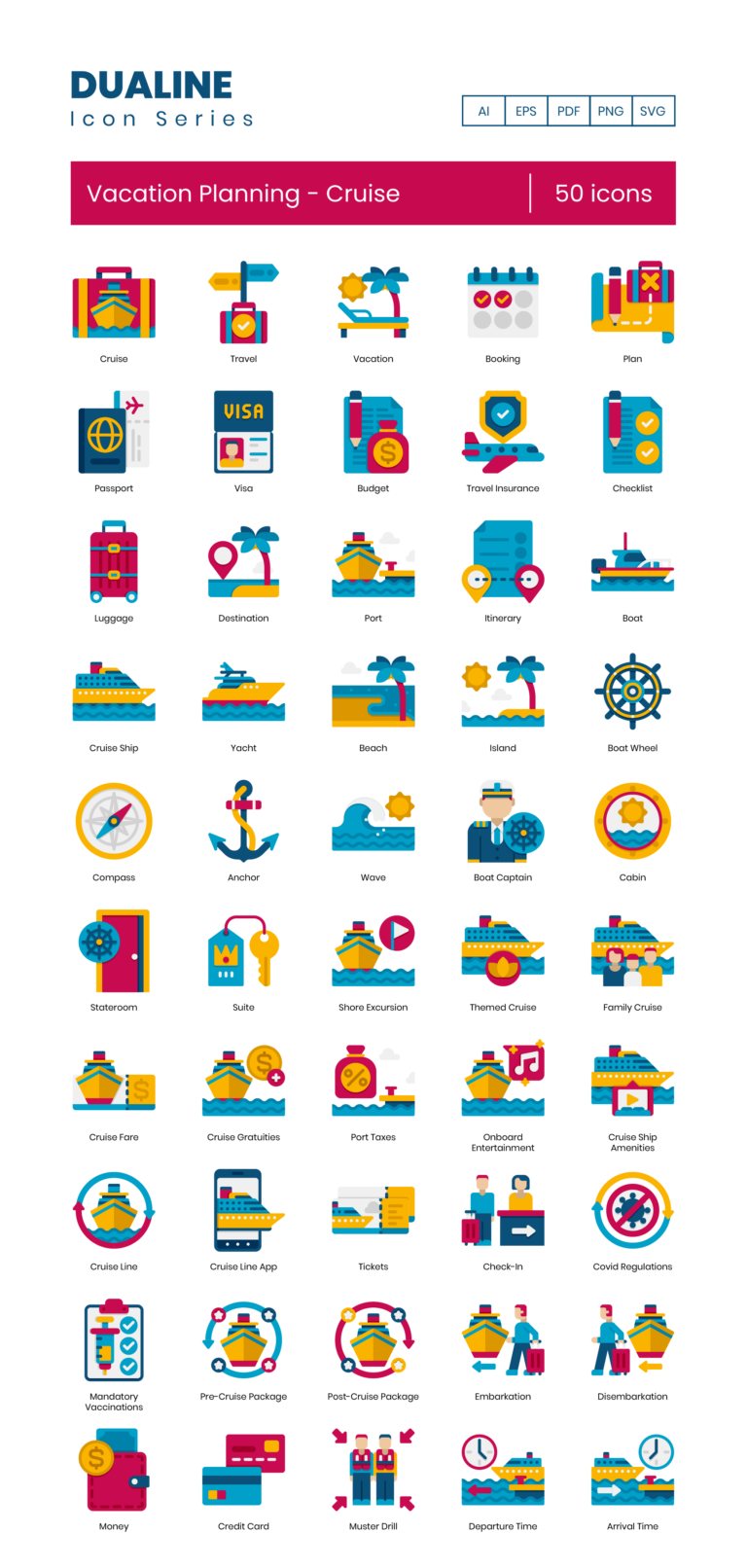 50 Vacation Planning - Cruise Icon Set - Flat Icons