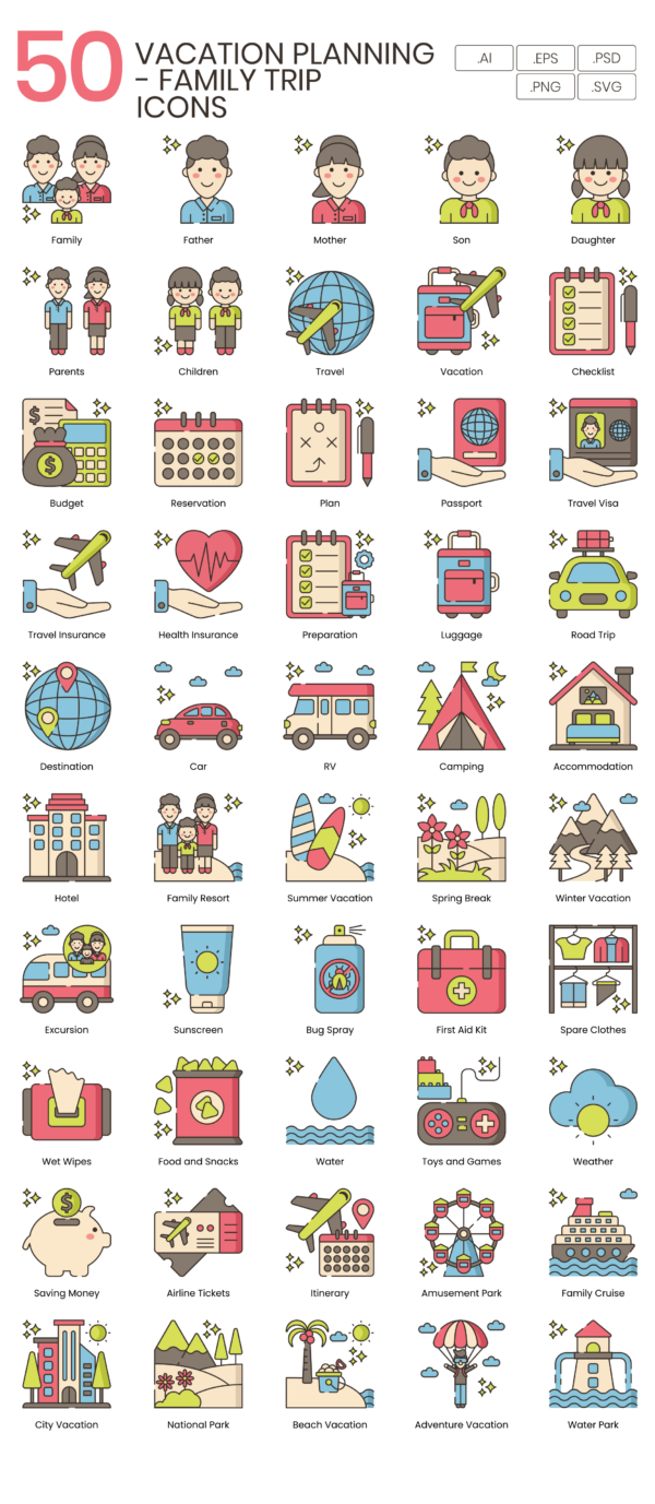 50 Vacation Planning - Family Trip Icon Set - Flat Icons