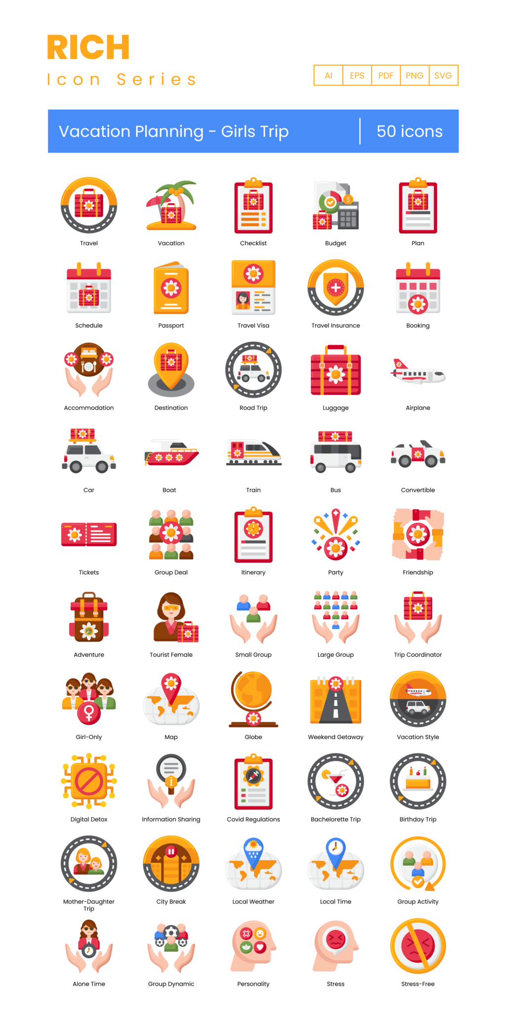 50 Vacation Planning - Girls Trip Icon Set - Flat Icons