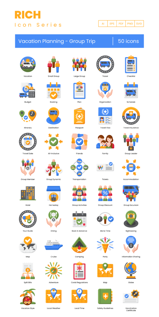 50 Vacation Planning - Group Trip Icon Set - Flat Icons
