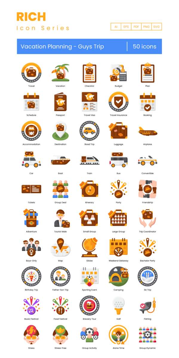 50 Vacation Planning - Guys Trip Icon Set - Flat Icons