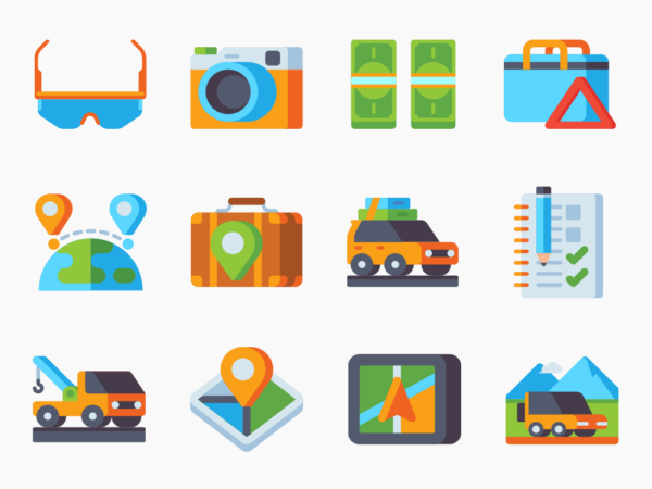 50 Vacation Planning - Road Trip Icon Set - Flat Icons