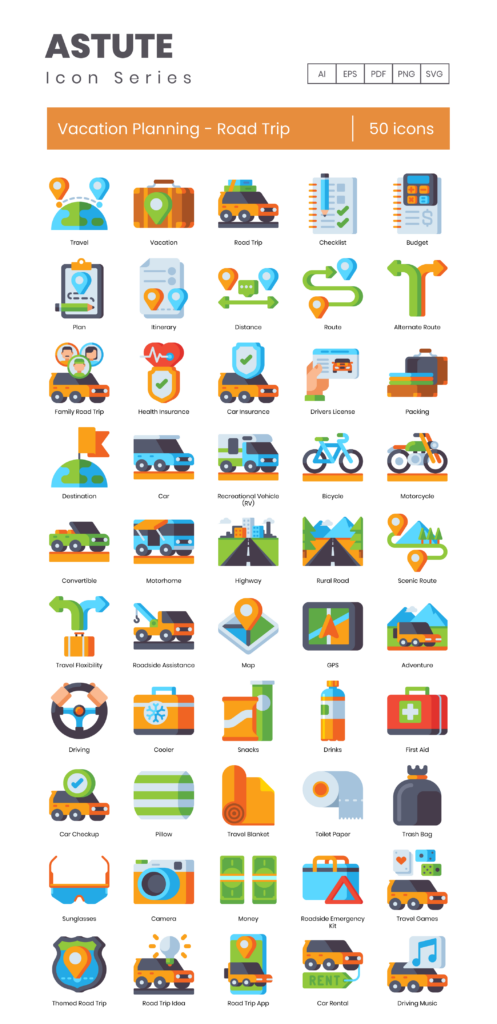 50 Vacation Planning - Road Trip Icon Set - Flat Icons