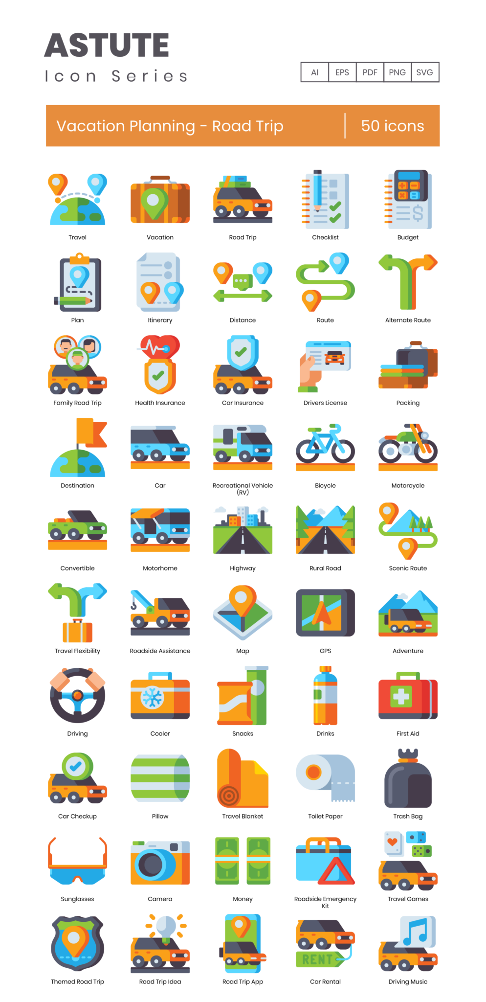 50 Vacation Planning - Road Trip Icon Set - Flat Icons