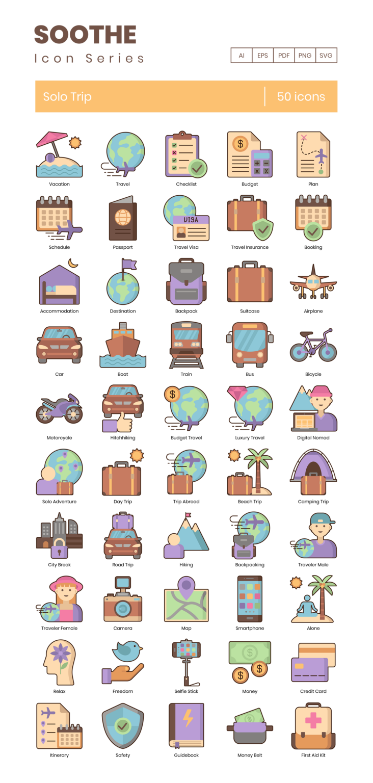 50 Vacation Planning - Solo Trip Icon Set - Flat Icons