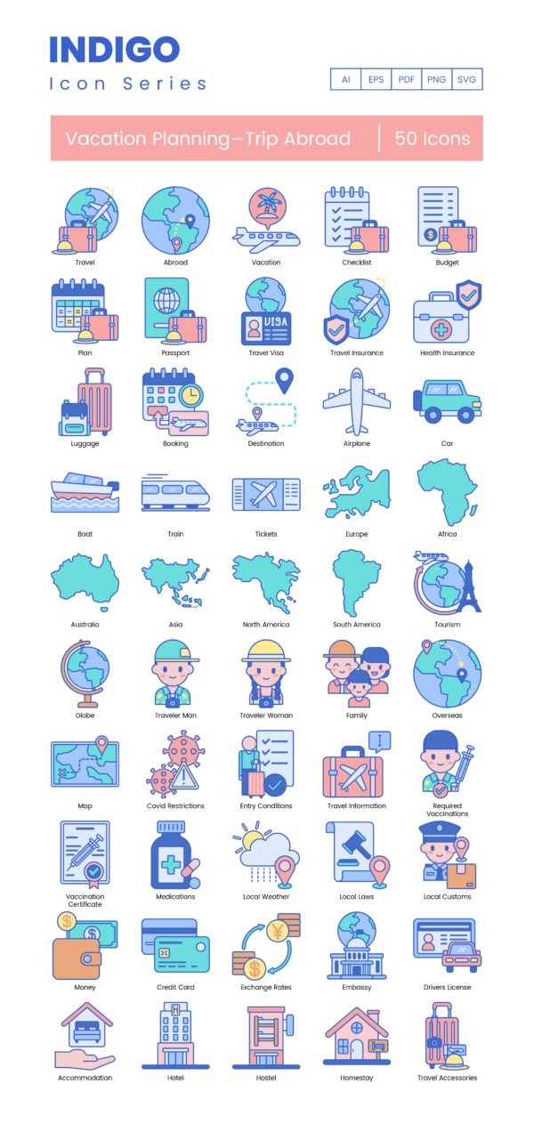 50 Vacation Planning - Trip Abroad Icon Set - Flat Icons