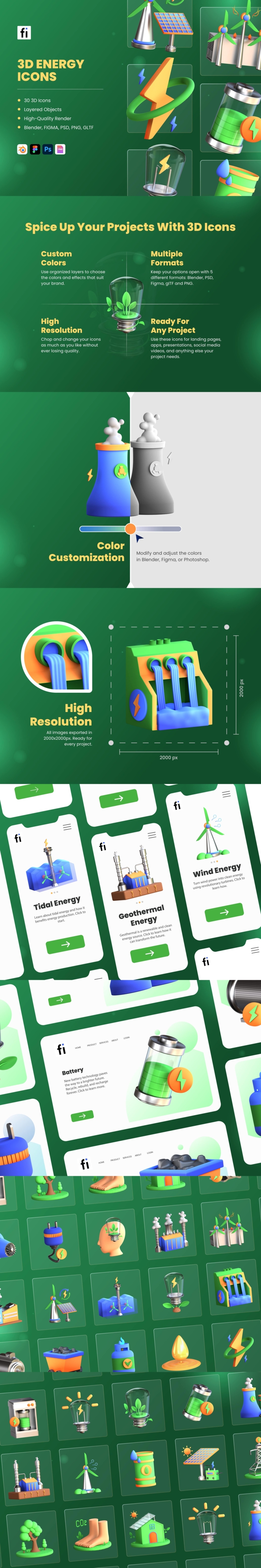 3D Energy Icon Set - Flat Icons