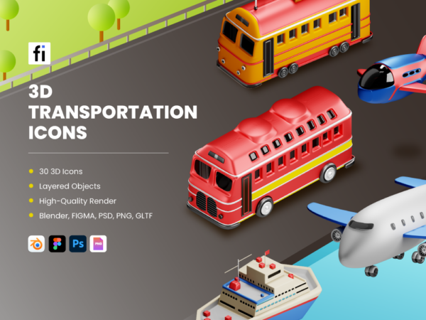 3D Transportation Icon Set - Flat Icons