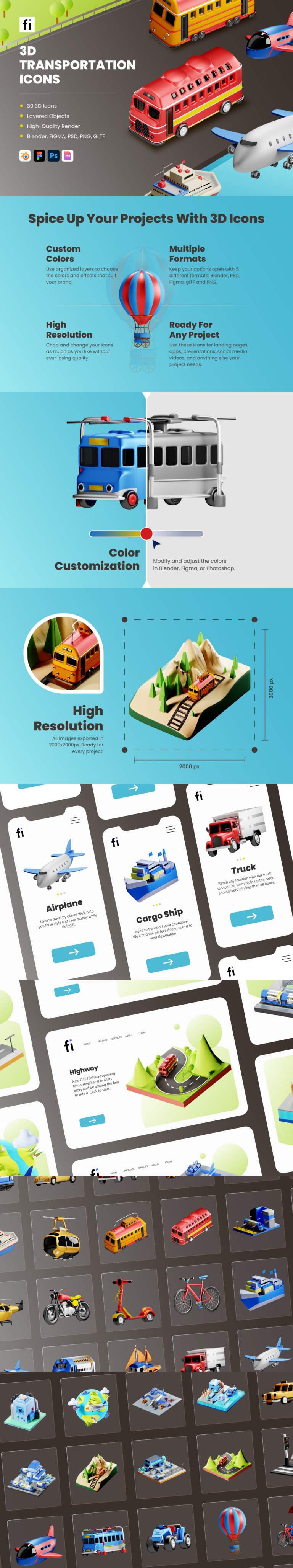 3D Transportation Icon Set - Flat Icons