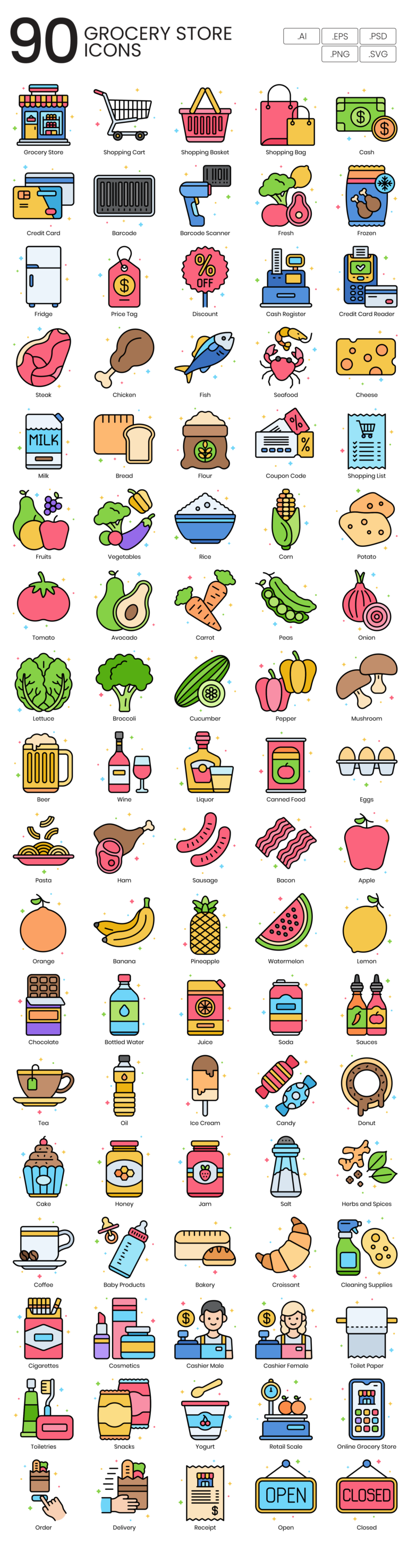 90 Food Store Icon Set - Flat Icons