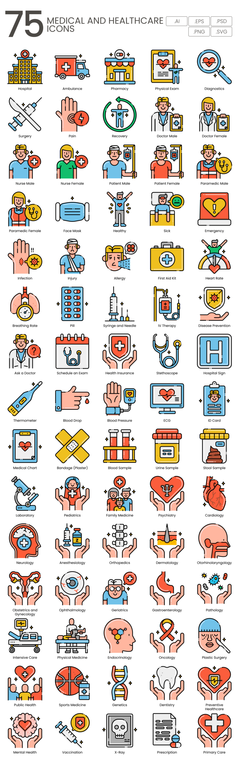 75 Health Protection Icon Set - Flat Icons