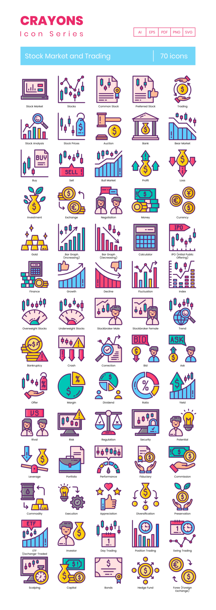 70 Stock Exchange Icon Set - Flat Icons
