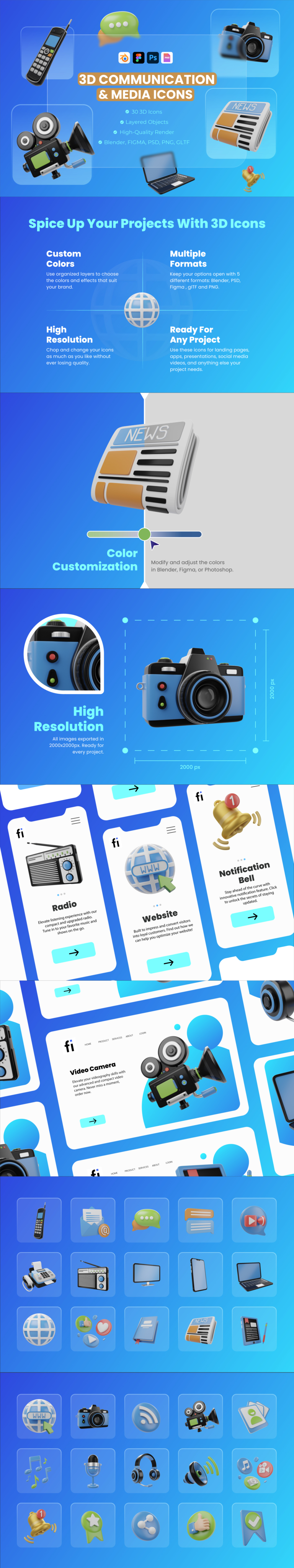 3D Communication & Media Icon Set - Flat Icons