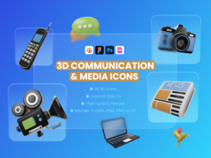 3D Communication & Media Icon Set - Flat Icons
