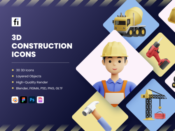 3D Construction Icon Set - Flat Icons