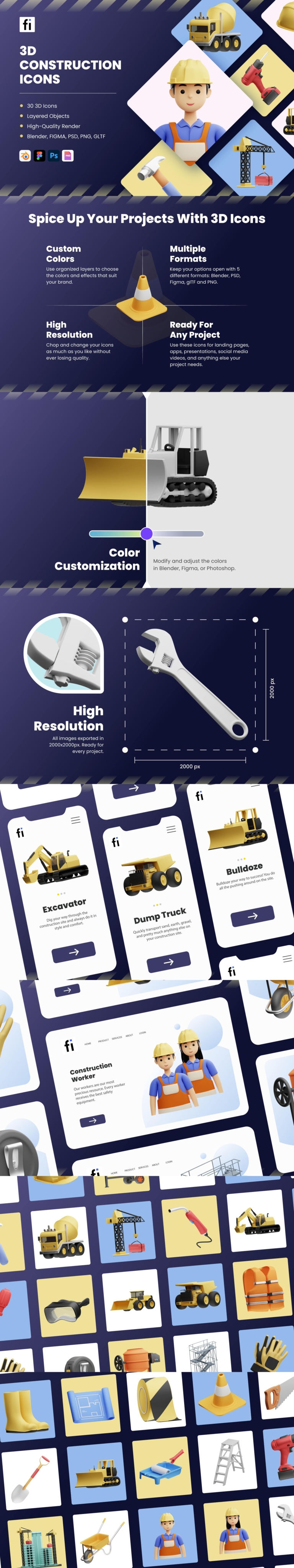 3D Construction Icon Set - Flat Icons