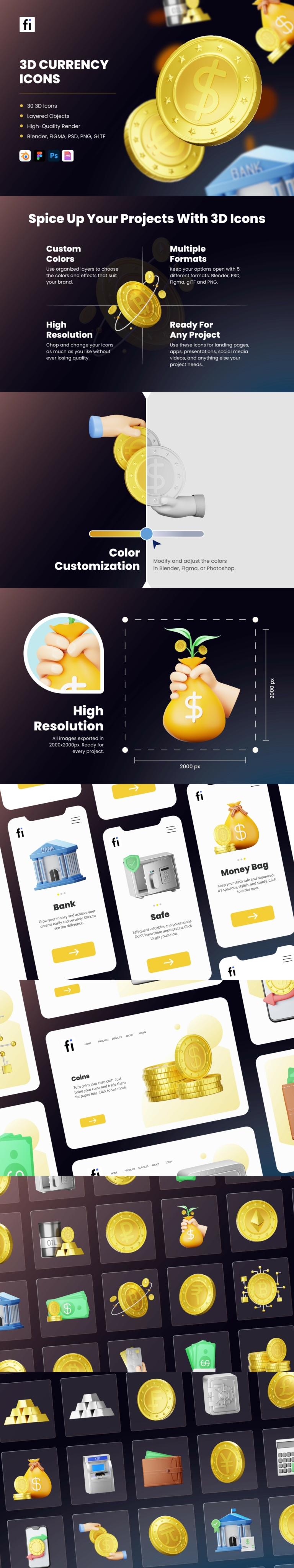 3D Currency Icon Set - Flat Icons