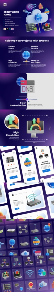 3D Network Icon Set - Flat Icons