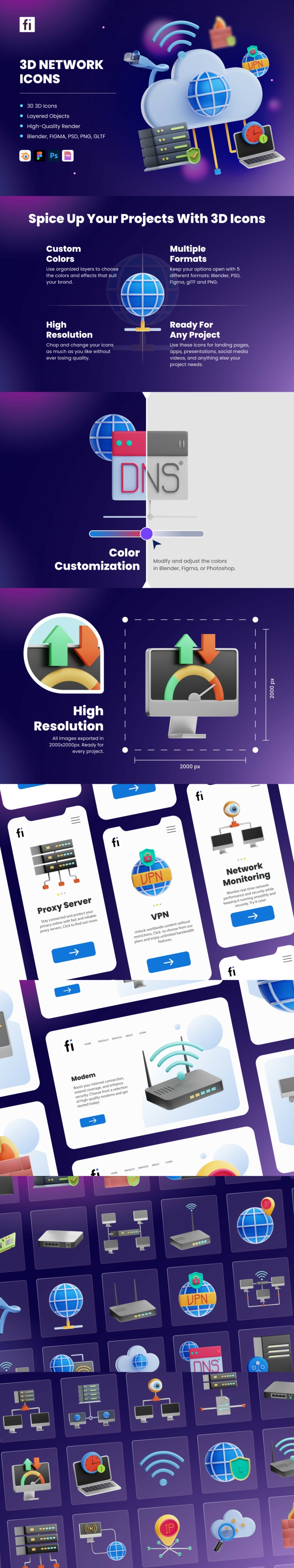 3D Network Icon Set - Flat Icons