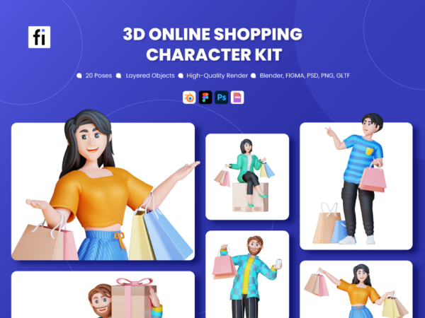 3D Online Shopping Characters Illustration Set - Flat Icons