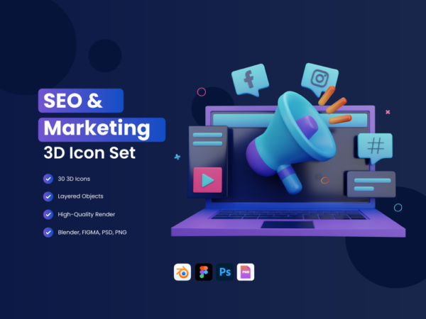 3D SEO & Marketing Icon Set - Flat Icons