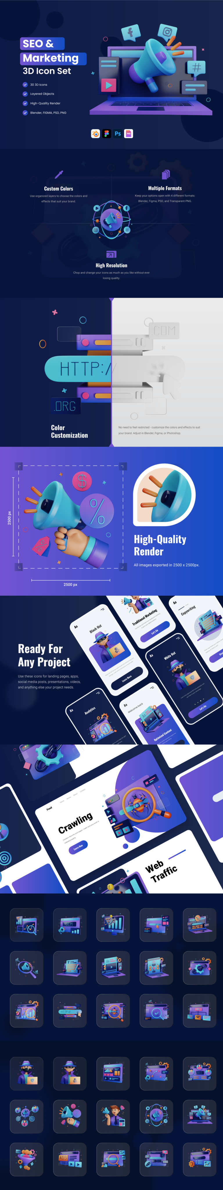 3D SEO & Marketing Icon Set - Flat Icons