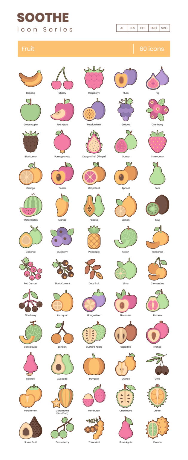 60 Fruit Produce Icon Set - Flat Icons