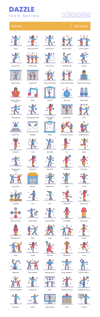 80 Dance Icon Set - Flat Icons