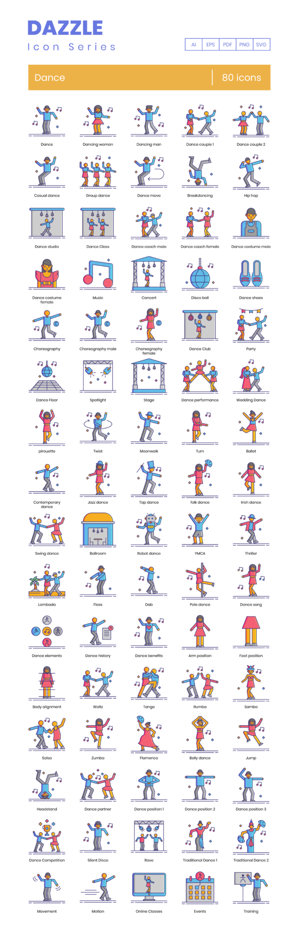 80 Dance Icon Set - Flat Icons