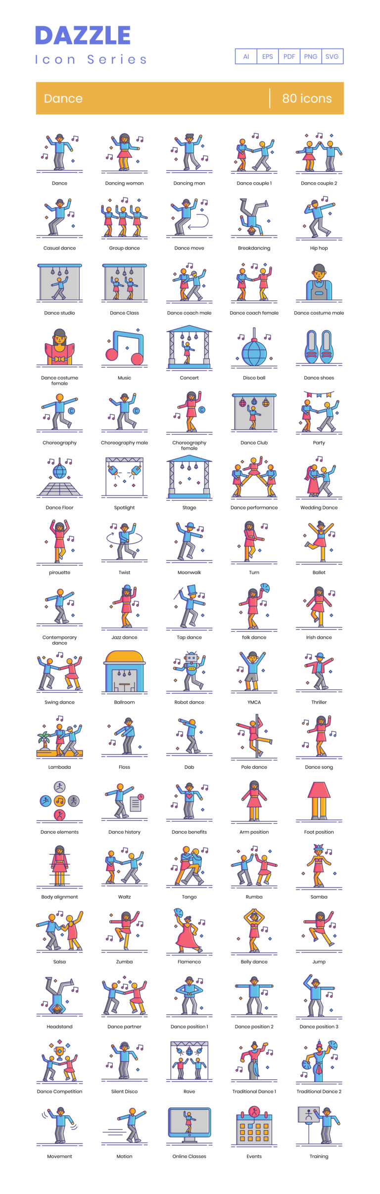 80 Dance Icon Set - Flat Icons